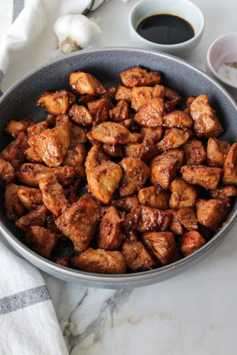 Quick + Easy Honey Garlic Chicken Cubes - The Balanced Nutritionist