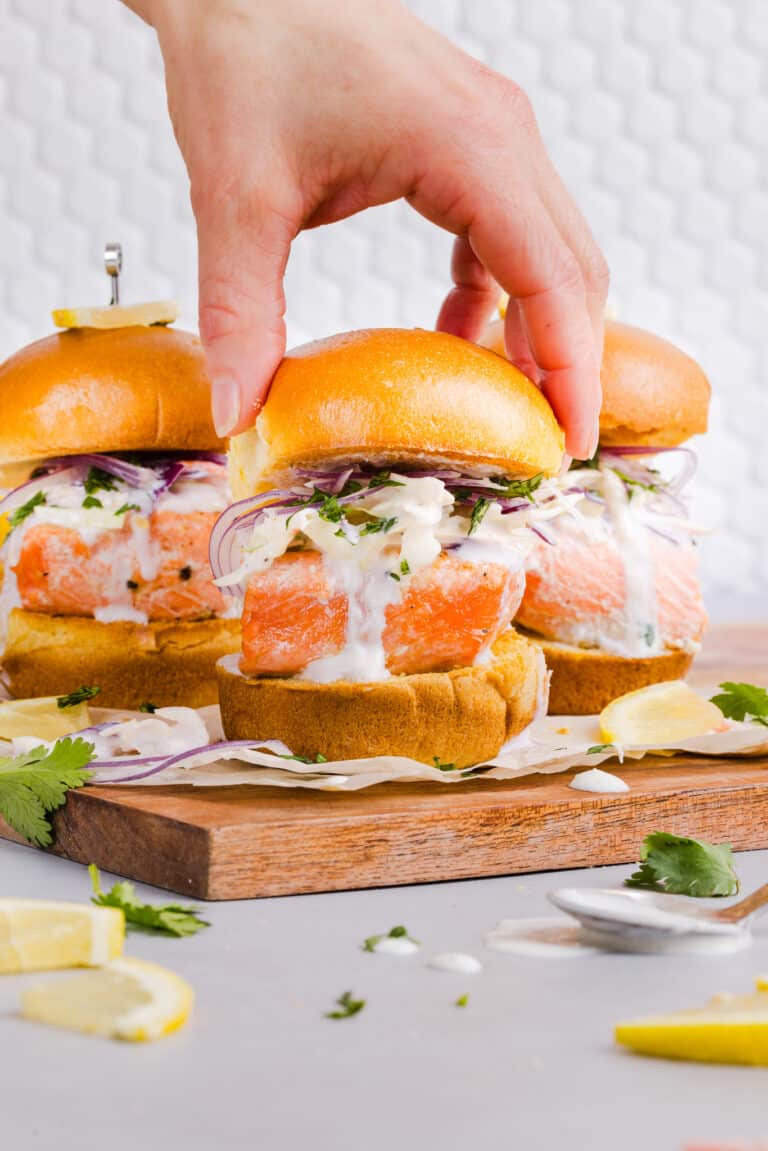 Salmon Sliders with Lemon Garlic Slaw - The Balanced Nutritionist