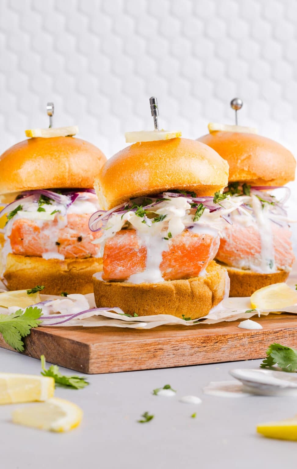 Salmon Sliders with Lemon Garlic Slaw - The Balanced Nutritionist